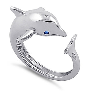 Sterling Silver Intelligent Playful Creature of Marine "Blue Eyes Dolphin" Ring - (Size 4-10)