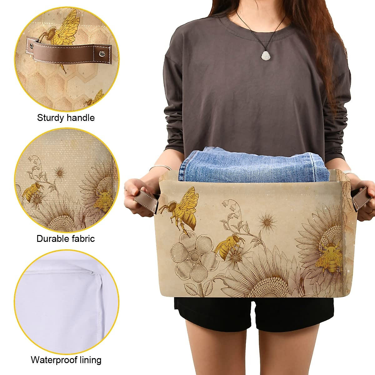 Retro Honey Bees and Sunflowers Rectangle Storage Basket Collapsible Storage Bin for Nursery Toys Books Waterproof Baskets for Closet Shelves Bedroom Decor