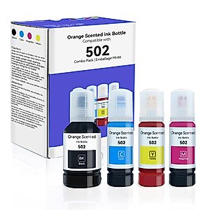 Bwen Orange Scented Ink Refill Bottles Compatible for 502（4-Pack）(BK/C/M/Y) fit for Epson 502 Ink Bottle Replacement fit for ET-2850 ET-3830 ET-3850 ET-2760 ET-3760 ET-15000 (Not OEM Ink)