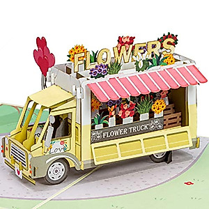 Paper Love Flower Truck 3D Pop Up Card, Gift for Birthday, Wedding, Anniversary, Thank You, Get Well, All Occasion or Just Because - 5" x 7" Cover - Includes Envelope and Note Tag