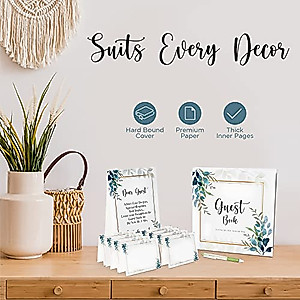 Guest Book Wedding Reception, Hardcover Decorative Guestbook, Alternative Sign in, Blank Pages Personal Messages, Decorative Book for Home, Includes Pen, Instructional Sign, and 10 Tent Cards.