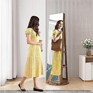 HNEBC LED Light Jewelry Organizer Mirror 360°Rotating, Armoire with Door Mirror, Full Length Cabinet Storage, Large Boxes & Organizers（A Light Brown）