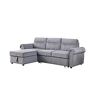 FANYE L-Shaped Oversized Reversible Convertible Tufted Sleeper Sectional Sofa with Pull Out Sleeper Couch Bed,Nailhead Decor Armrests and Storage Chaise for Living Room, Grey Velvet Sofabed