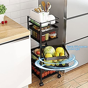 LOYALHEARTDY 5-Tier Storage Cart Kitchen Storage Rack Rotatable Mesh Wire Basket Shelf Fruit Vegetable Storage Multifunctional Rolling Utility Cart with Wheels for Kitchen, Pantry, Bathroom, Office
