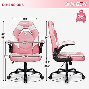 N-GEN Video Gaming Computer Chair Ergonomic Office Chair Desk Chair with Lumbar Support Flip Up Arms Adjustable Height Swivel PU Leather Executive with Wheels for Adults Women Men (Pink)