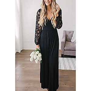 Zattcas Women's Vintage Lace Long Sleeve Faux Wrap V Neck Evening Party Maxi Dress Black XX-Large