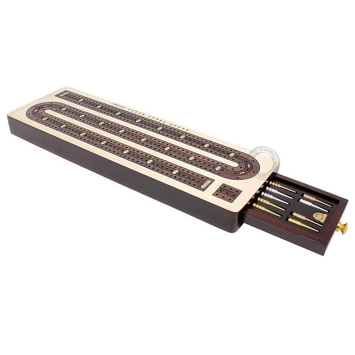 House of Cribbage - 3 Track Continuous Cribbage Board Inlaid in Rosewood - Maple Wood - Size: 12.5 Inches - Storage Drawer for Cribbage Pegs