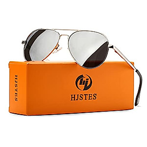 HJSTES Polarized Aviator Sunglasses for Women Men Classic Metal Shades Mirror Lens 100% UV Blocking, 58mm(Silver Frame/Silver Mirrored)