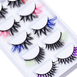 gootrades 2023 5 Pairs Colored False Eyelashes Pack, 3D Fluffy Faux Mink Color Eye Lashes Strip Wipsy Multicolored Two-Toned Fake Lashes for Daily Christmas Cosplay, Red/Pink/Blue/Green/Purple Lashes on the End