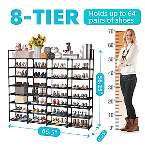 Simple Trending 8-Tier Large Shoe Rack Holds 64 Pairs, Tall Shoe Organizer Storage Shelf can DIY Style with Metal Pipes for Entryway, Closet, Bedroom,Garage, Black