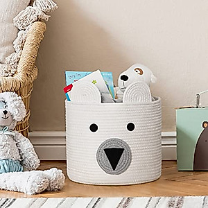 CherryNow Bear Basket, Cotton Rope Basket, Woven Laundry Hamper, Toy Storage Bin for Kids, Clothes in Bedroom, Baby Nursery & Living Room, 10'' (H) x 12'' (D)