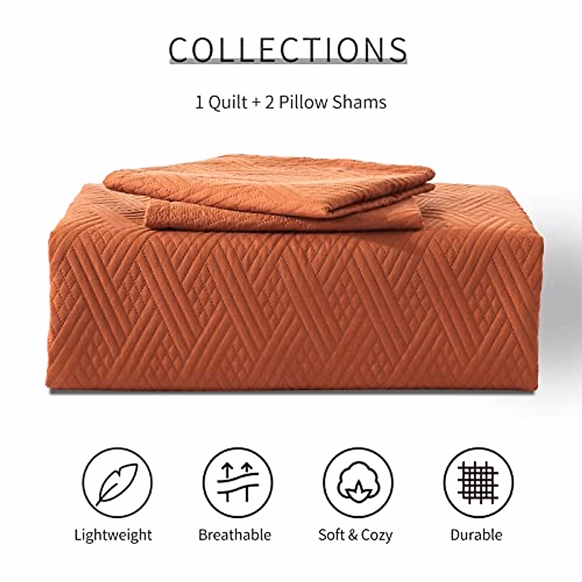 Haglurom Burnt Orange Queen Size Quilt Bedding Set-3 Pieces, Lightweight Soft Microfiber Bedspread/Coverlet-90''x98'' with 2 Pillow Shams, Luxurious Warm Summer Bed Quilt for All Seasons