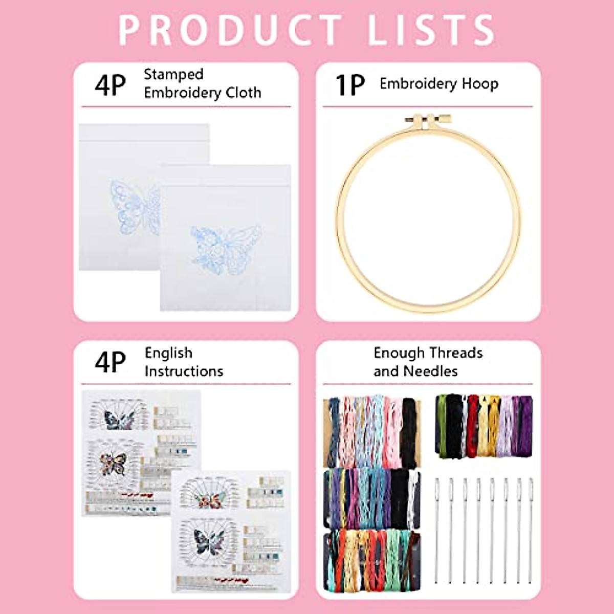 HaiMay 4 Sets Embroidery Starter Kit with Pattern and Instructions, Cross Stitch Kit Include 4 Embroidery Clothes with Butterfly Pattern, 4 Bamboo Embroidery Hoops, Color Threads and Tools
