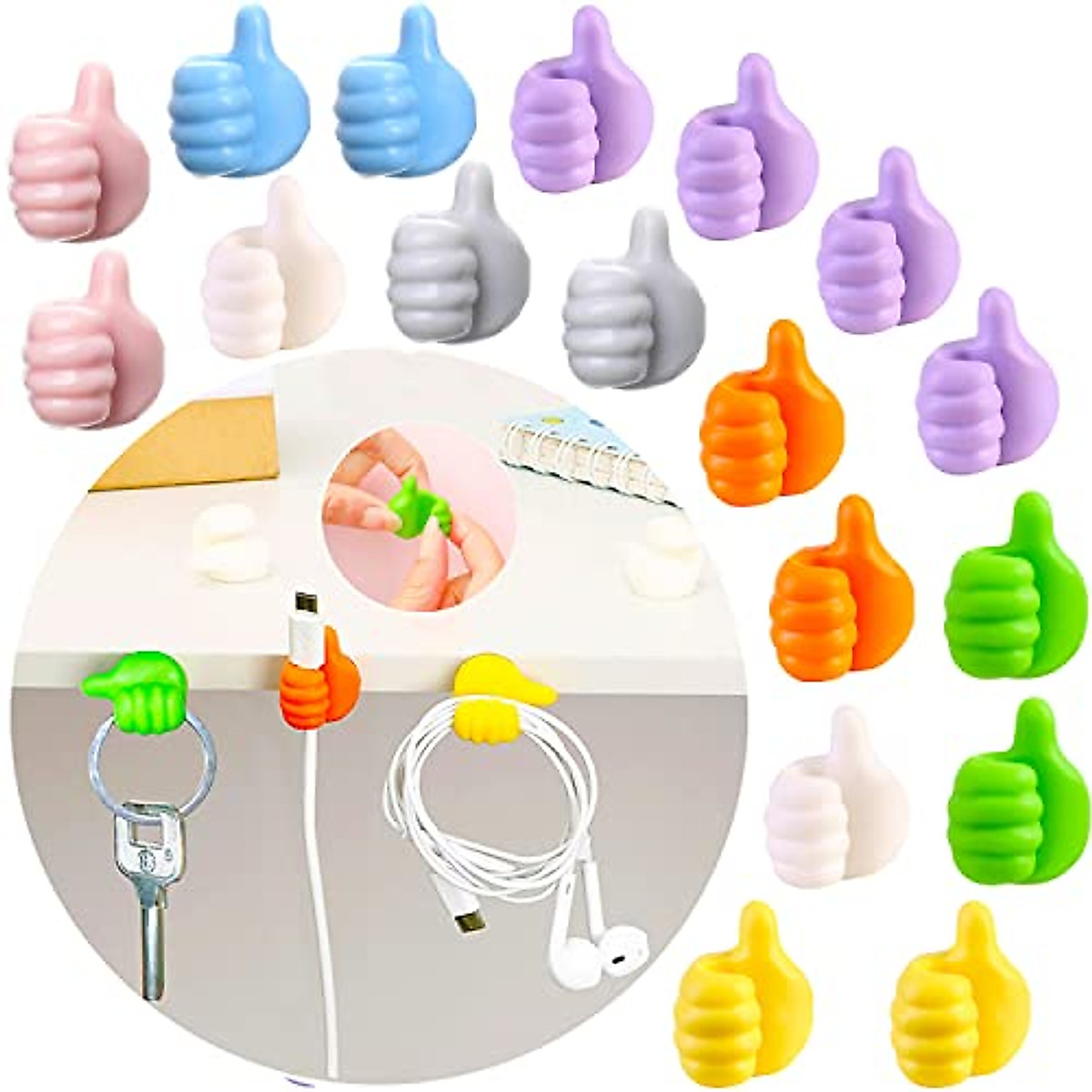 BECILES 20Pcs Silicone Thumb Wall Hook,Multifunction Adhesive Cable Clip,Creative Self Adhesive Thumb Hooks,Holder Wall Hangers for Storage Data Cables, Earphones, Plugs, Key