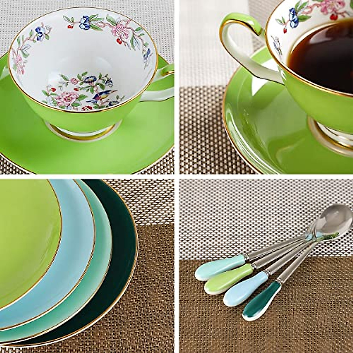 3 Piece Bone China Cup and Saucer Set with Spoon Vintage Porcelain Coffee Cup Set, Floral Tea Cup Set with Gold Trim and Gift Box, 7.1oz.