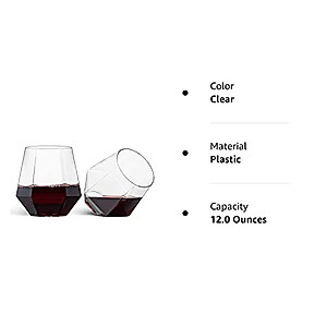 Munfix 32 Pack Diamond Shaped Plastic Stemless Wine Glasses Disposable 12 Oz Clear Plastic Wine Whiskey Cups Shatterproof Recyclable and BPA-Free