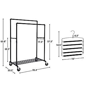 SONGMICS Double-Rail Clothes Rack Bundle with 3-Pack 5-Bar Pants Hangers, Industrial Pipe Design Garment Rack on Wheels, Space-Saving Trousers Hangers with Swing Arms, Black UHSR60B and UCRI041BK