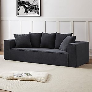 KEVINSPACE 89''Modern Sofa Couch for Living Room 3 Seater Comfy Sofa Corduroy Sofa Couches with 5 Pillows, All-Foam Sofa, NO Frame. No Assembly Required Sofa for Small Space, Apartment Black 22'' H