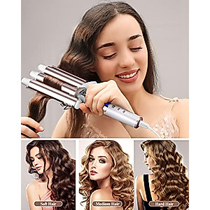 CkeyiN 3 Barrel Curling Iron Wand Hair Waver with LCD 16 Temperature Control Display, Ceramic Tourmaline Crimper Hair Iron with Glove, for All Hair Types Crimper Beach Waving Styling (Display)
