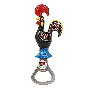Traditional Portuguese Aluminum Good Luck Rooster Galo de Barcelos Figurine Bottle Opener (Black)
