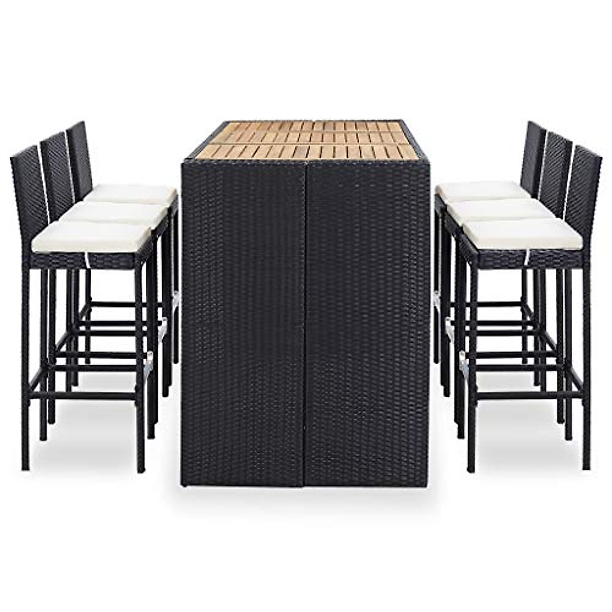 vidaXL 7-Piece Outdoor Rattan Wicker Bar Dining Patio Furniture Set with Acacia Wood Table Top, Bar Stool and Removable Cushion, Conversation Set for Patios, Backyards, Porches, Gardens and Poolside