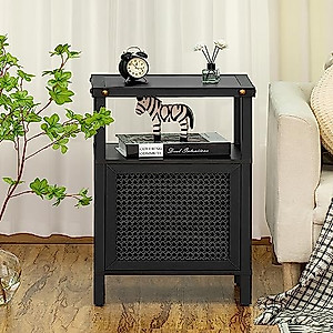 Lerliuo Rattan Nightstand, Side End Table with Handmade Natural Rattan Door and Open Shelf, Wood Accent Night Stand with Storage, Mid Century Modern Bedside Table for Bedroom, Living Room (Black)