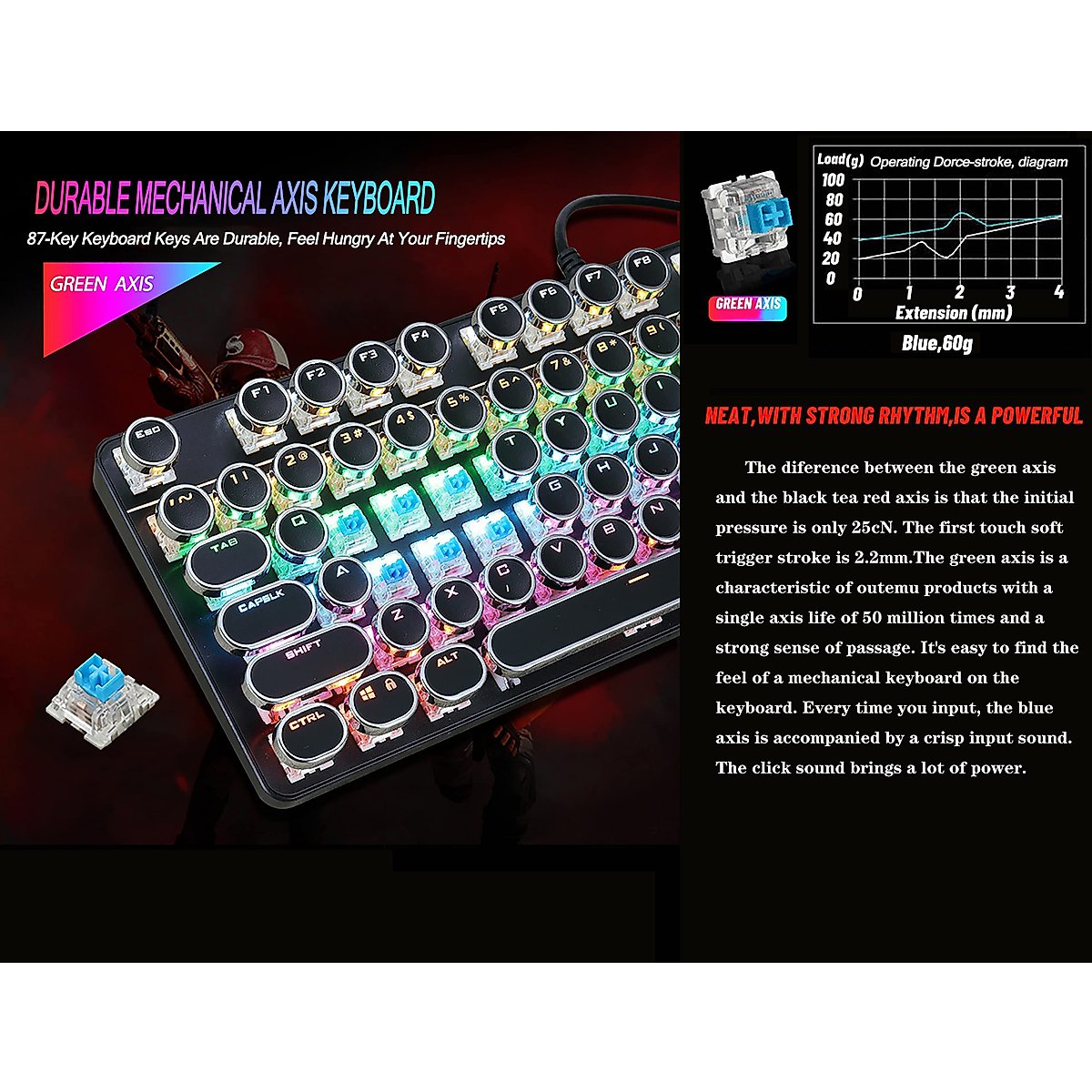 Type Writer Keyboard, Typewriter-Style Steampunk Mechanical Gaming Keyboards Blue Switch with 9 True RGB Backlight Modes and 87-Key Wired Keyboard with Spill-Resistant (Round Keycaps)