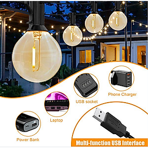 doopo 50FT Outdoor String Lights with Remote Control, USB Powered Patio Lights with 25 G40 Shatterproof LED Bulbs(1 Spare), Hanging String Light Connectable for Outside Backyard, Porch, Bistro