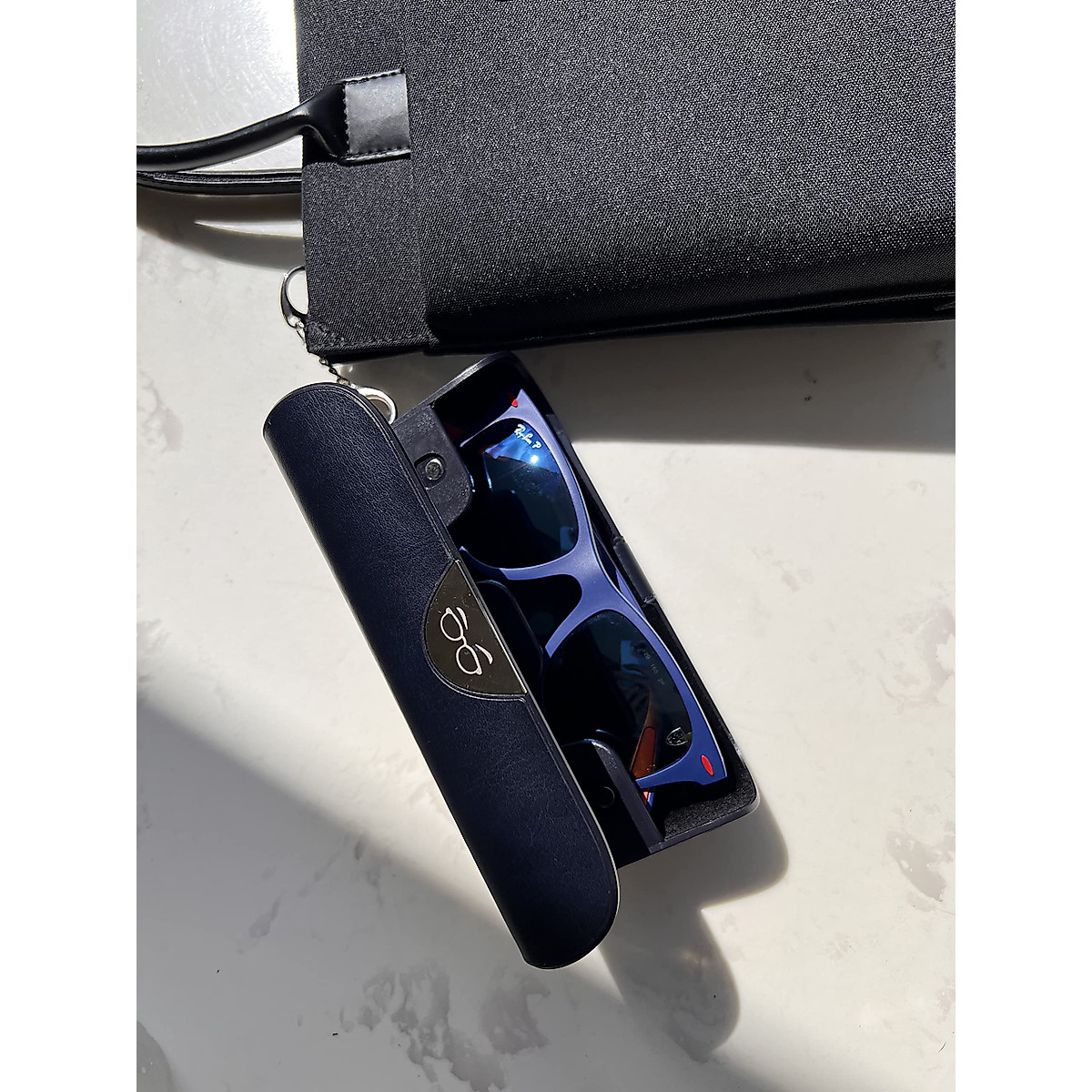 EYECARRY Deep Navy Eyeglasses Case, Soft Vegan Leather Glasses Holder, Patented Open Face Design For Easy One-Handed Access, Hard Shell Case For Men or Women Sunglasses, Reading Glasses & More