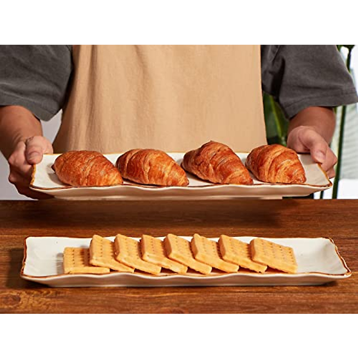 ONEMORE Large Serving Platters, 15 inch Serving Plates Set of 2, Ceramic Platters for Serving Food, Oven Safe Serving Trays and Platters for Entertaining Party, Creamy White