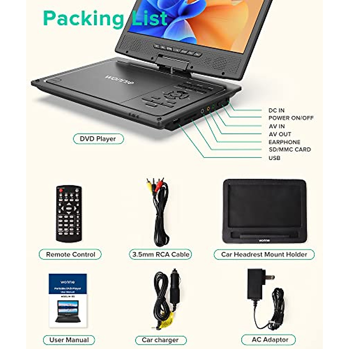 WONNIE 12.5" Portable DVD Player Car Headrest Video Players with 10.5" Swivel Screen, Car Headrest Holder, 5-Hours Rechargeable Battery, Regions Free, Support USB/SD Card/Sync TV