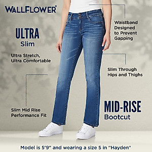 WallFlower Women's Ultra Slim Bootcut Mid-Rise Insta Soft Juniors Jeans, Hayden, 9