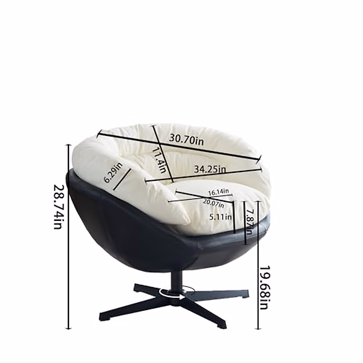 Swivel Barrel Accent Chair, Round Armchair with Wide Upholstered, 360 Degree Swivel PU Leather Club Sofa Chair for Living Room, Bedroom, Office (Cream White+Black)