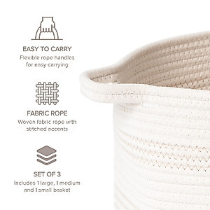 RGI Home Dog Toy Storage Baskets – Set of 3 Oval Fabric Rope Organizer Bins for Pet and Household Storage, Multi-Sized with Easy-Carry Handles, Durable and Stylish, Charcoal Gray on Ivory