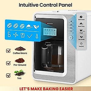 HAUSWIRT Coffee Maker with Grinder, Grind and Brew Coffee Maker with LCD Display, Automatic Drip Coffee Machine with Grind Size and 2 to 6-Cup Settings, Compatible for Bean Ground Coffee and Tea