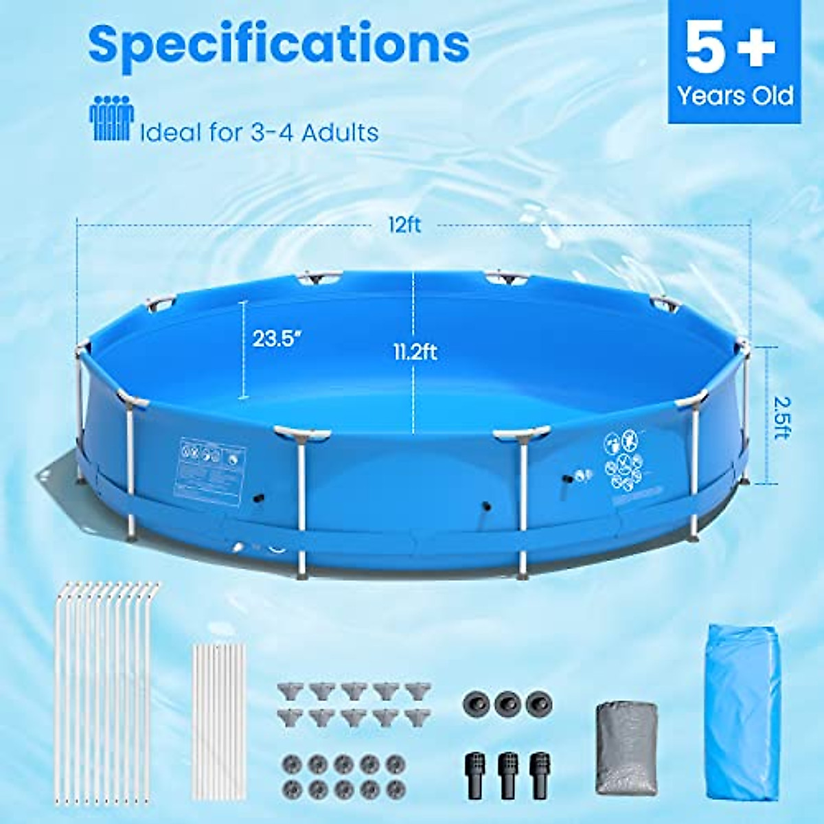 Goplus Above Ground Swimming Pool, 12ft x 12ft x 30inch Outdoor Steel Frame Pool W/Pool Cover, Reinforced Steel Frame, Round Swimming Pool for Backyard, Garden, Patio, Balcony (Blue)