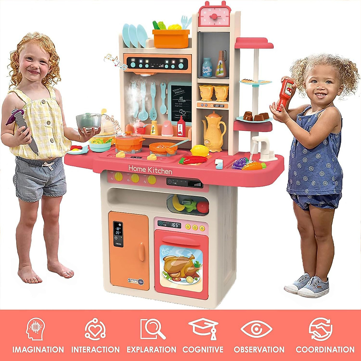 Roxie Play Kitchen Set for Girls, Pink Kitchen with Realistic Lights & Sounds, Play Sink with Runnng Water, Cooking Stove with Steam, 65 PCS Jumbo Kitchen Toys for Kids