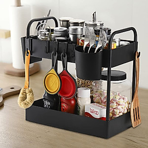 Jucoan 2 Tier Bathroom Sink Countertop Storage Organizer Kitchen Countertop Spice Rack with Hooks, Cups and Handle, Pantry Shelves Seasoning Storage Shelf for Kitchen Bathroom Vanity