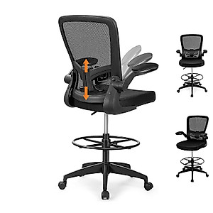 Giantex Drafting Chair High Back Office Chairs with Footrest Ring Flip-Up Armrest Height Adjustable Executive Desk Chair Ergonomic Mesh Computer Task Chair Lumbar Support Tall Office Chair (1)