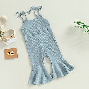 Bonangber Casual Toddler Baby Girl Summer Romper Ribbed Solid Color Sleeveless Suspenders Bell Bottom Pants Jumpsuit (Blue, 3-4 Years)