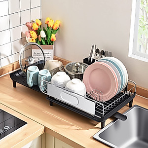 TOOLF Dish Drying Rack, Stainless Steel Dish Rack, Expandable(14.5"-25.3") Dish Drainer Rack and Utility Drainboard Set with Foldable Rack, Utensil Holder Cups Holder for Countertop, 1 Piece Black