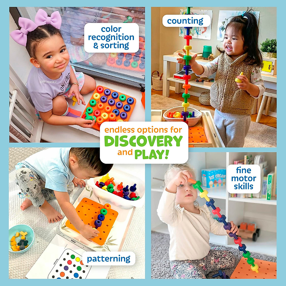 Skoolzy Montessori Sensory Peg Board 34 Piece Set - Develop Sensory Play Occupational Therapy STEM Learning Educational Toys for Kids 2+ - Includes Foam Board, Lacing String, Dice, Storage Bag, eBook