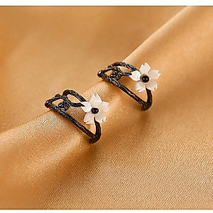 Reffeer Solid 925 Sterling Silver Flower Cuff Clip-On Earrings Cartilage Wraps for Women Teens Helix Ear Cuffs No Piercing (B-Black)