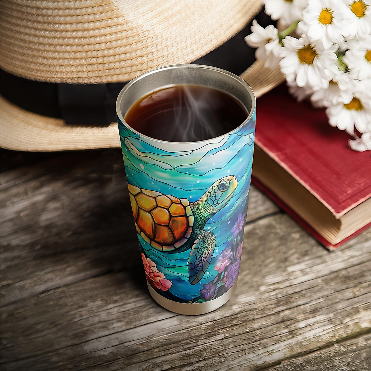 20oz Blue Stained Glass Flower Sea Turtle Tumbler, Gifts for Turtle Lovers, Ocean, Beach Gifts, Coffee Thermos for Women, Stainless Steel Double Wall Vacuum Insulated Coffee Mug, Travel Cup with Lid