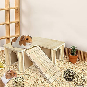 Chngeary Guinea Pig Hideout and House: Multi Chamber Wooden Guinea Pig Castle with Ladder, Cage Accessories for Chinchilla Dwarf Rabbits Hamster Bunny and Others