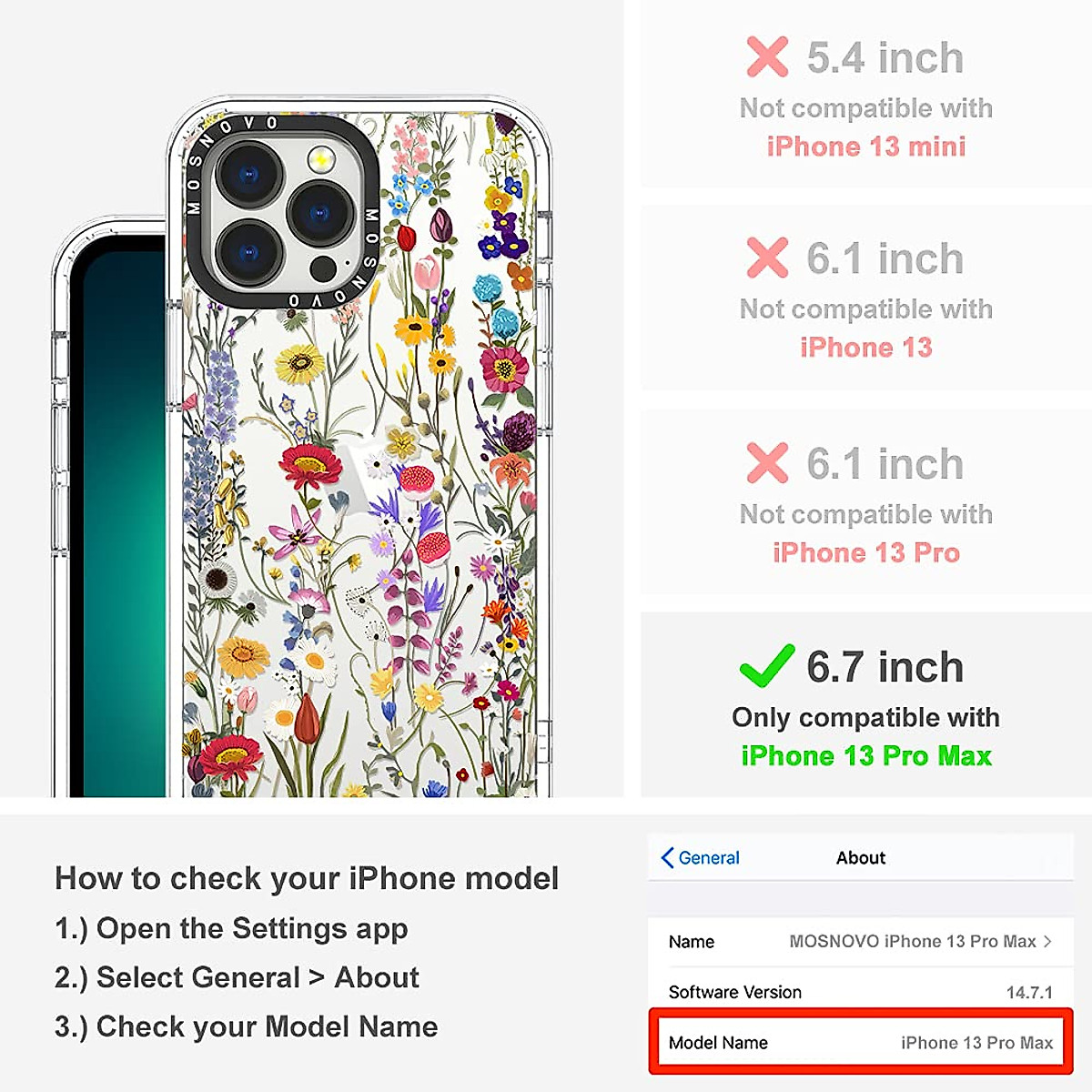 MOSNOVO Case for iPhone 13 Pro Max, [Buffertech 6.6ft Military-Grade Drop Protection] [Anti Peel Off Tech] Clear TPU Bumper Phone Case Cover Design - Wildflower Meadow