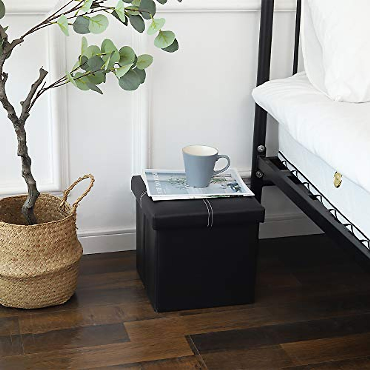 YCOCO Faux Leather Small Square Foot Rest Stools,Foot Stool with Storage,Folding Storage Ottoman Footrest Stool for Faux Leather Ottoman Chest,Toy Box Chest,11.8"X11.8"X11.8",Black Pack of 1