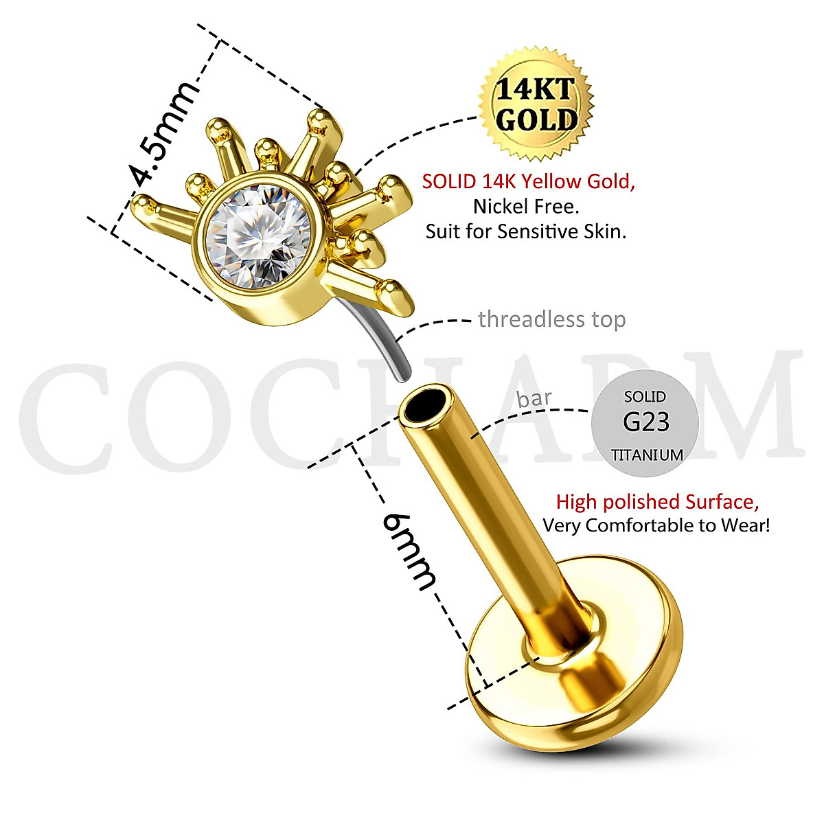 COCHARM 14K Solid Gold Sun Tragus Earring Studs 16g Flat Back Tragus Piercing Threadless Posh in Helix Stud 14K Solid Gold Helix Earrings Gold Helix Piercing Jewelry