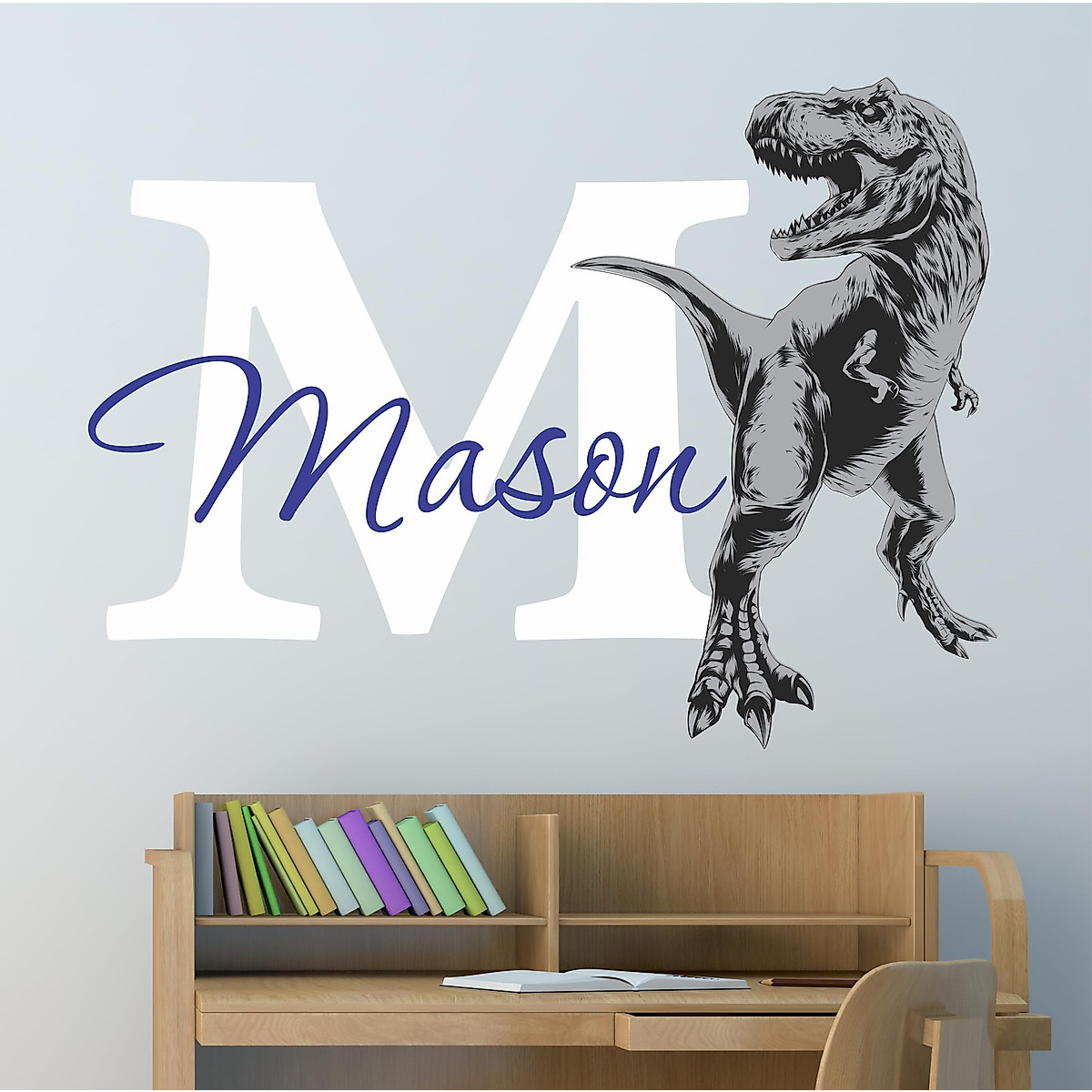 Boys Nursery Blue T Rex, Tyrannosaurus Dinosaurs Personalized Custom Name Initial Vinyl Wall Decal Decor Stickers, Customized Nursery Dino Theme, (Multiple Size Choices) (White Initial/Grey Dinosaur)