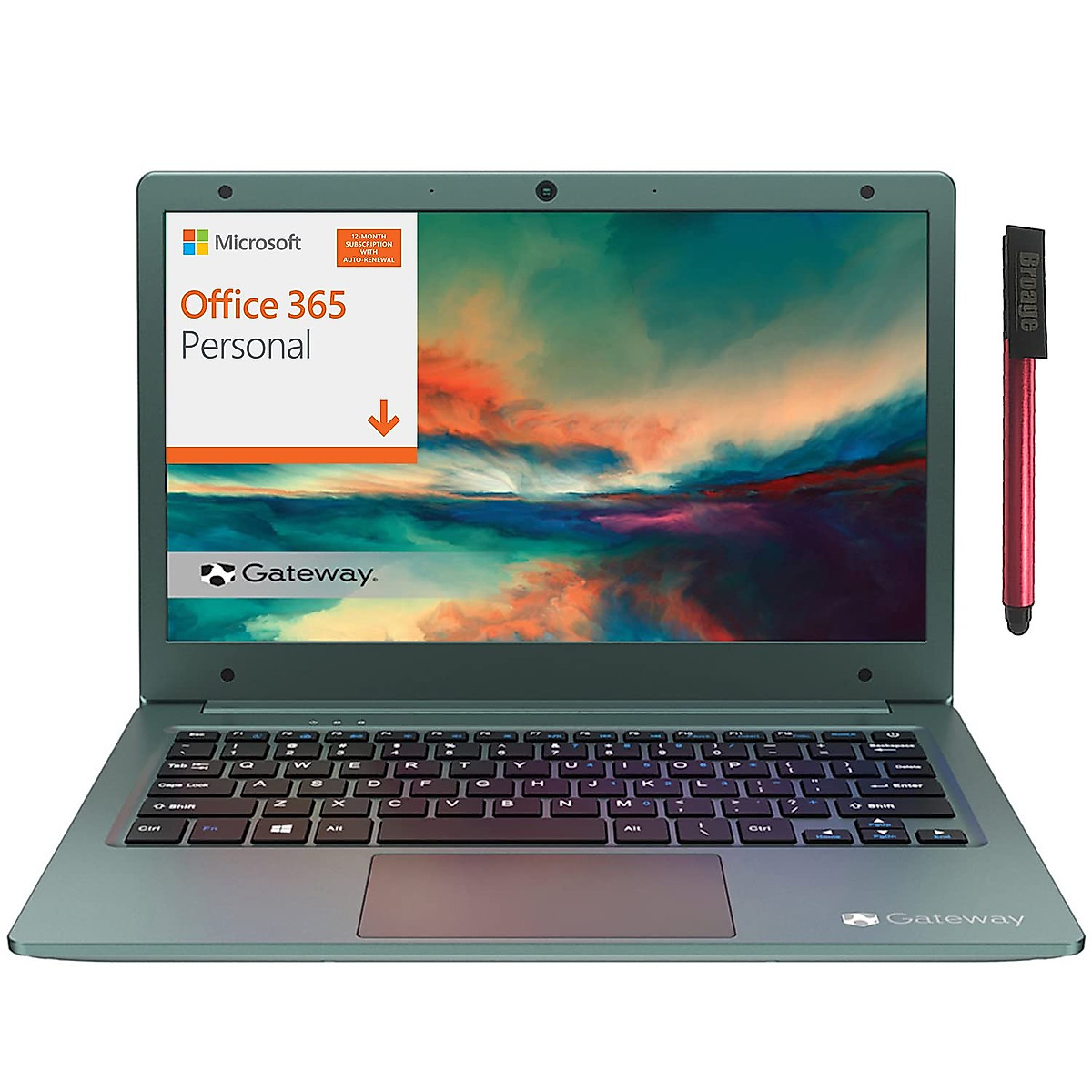 Gateway 11.6" Ultra Slim Notebook Laptop Computer, Green, Intel Celeron N4020 Processor, 4GB LPDDR4 RAM, 64GB eMMC, Bluetooth, Webcam, Windows 10 S, Office 365 Personal 1-Year, BROAGE 64GB Flash Drive